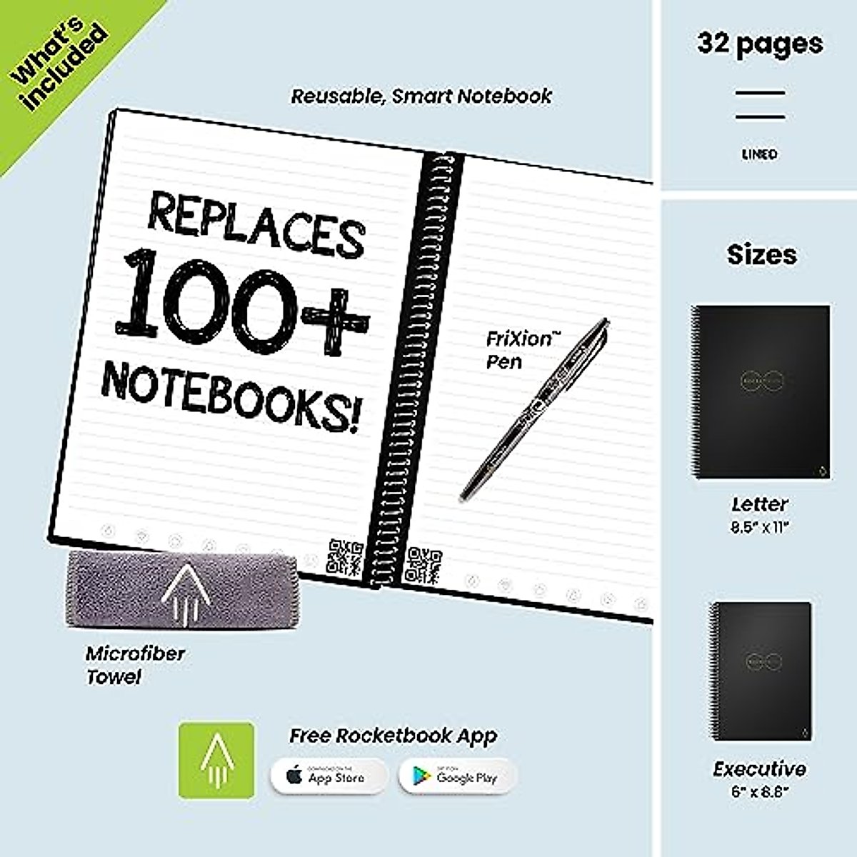Rocketbook Core Reusable Smart Notebook | Innovative, Eco-Friendly, Digitally Connected Notebook with Cloud Sharing Capabilities | Lined, 8.5" x 11", 36 Pg, Neptune Teal, with Pen, Cloth, and App Included (Pack of 32)