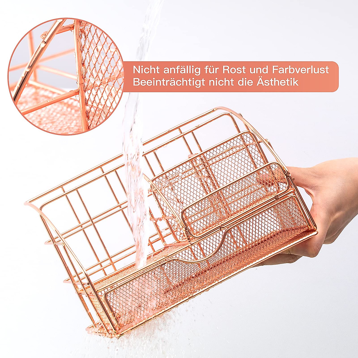 ARCOBIS Rose Gold Desk Organizer with Drawer for Women, Office Desktop Pen Holder Caddy with 5 Compartments + 1 Large Drawer | The Mesh Collection