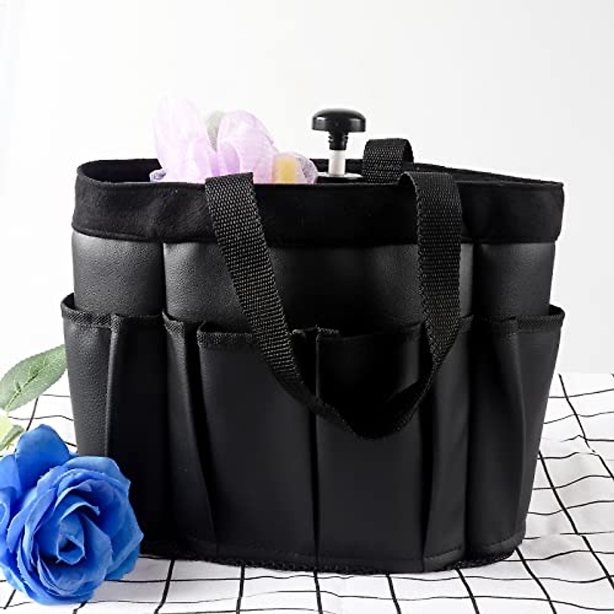AUTSKY Mesh Shower Caddy Basket Portable Leather Shower Hand Bag for College Dorm, Bathroom, Gym, Travel, Quick Dry Hanging Shower Organizer with 8 Storage Bags for Bathroom Toiletries, Black