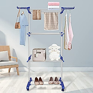 innotic Clothes Drying Rack, Stainless Steel Oversized 4-Tier Collapsible Rolling Drying Rack Clothing Folding Laundry Drying Rack Stand Indoor/Outdoor with Side Wings and Casters Gray Blue