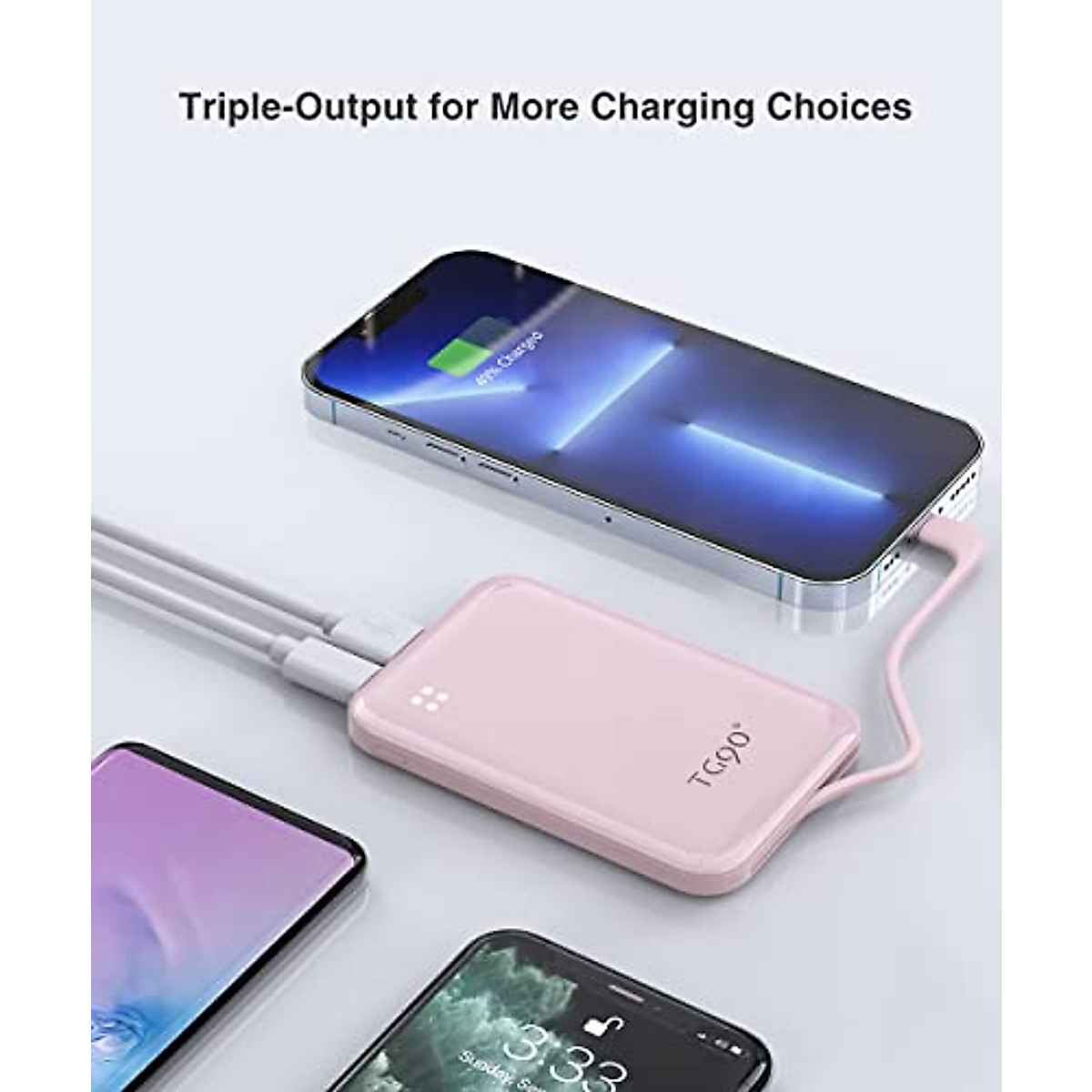 TG90 4500mah Small Portable Power Bank Built-in Cable, Ultra Slim Portable Cell Phone Battery Pack Charger Compatible with iPhone 14/14 Pro/13/13 Pro Max/12/12 Pro Max/11/11 Pro Max/X/XS/SE/8 and More