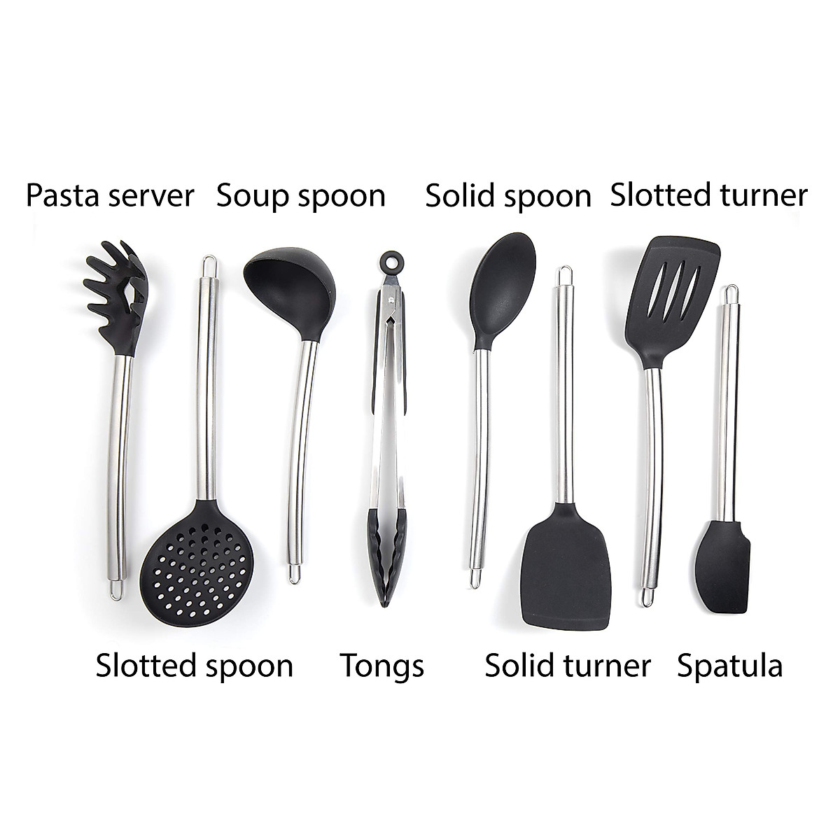 Kitchen Cooking Utensils Set Silicone with Stainless Steel handle Includes Cooking Spoon Spatula Tong Turner Whisk Ladle For Nonstick Cookware Dishwasher Safe BPA-Free
