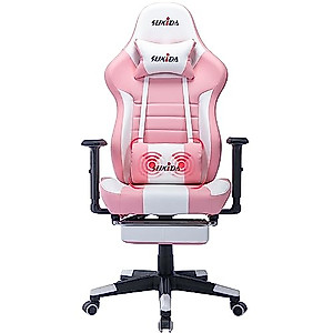 Game Chair with Footrest - Pink Gaming Chair with Massage, Swivel Ergonomic Video Gamer Chairs Leg Rest Height Adjustable Headrest Lumbar Support Backrest Recliner Esports for Adult