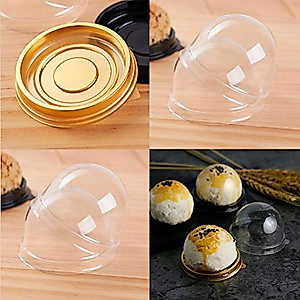 NUOBESTY Individual Cupcake Boxes, 100pcs Golden Tray Round Plastic Transparent Dome Cupcake Boxes Egg-Yolk Puff Food Container Single Mooncake Dome Boxes Baking Packing Box |2.75x2.75x1.96 inch