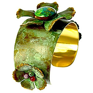 Elaine Coyne Collectible Artwear Verdigris Patina Sculptural Floral Cuff Bracelet - Chrysocolla