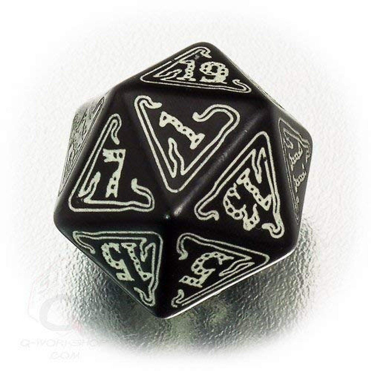 Q-Workshop Call of Cthulhu Black & Glow-in-The-Dark RPG Ornamented Dice Set 7 Polyhedral Pieces Black & Glow-in-the Dark, Standard (15mm - 17mm)