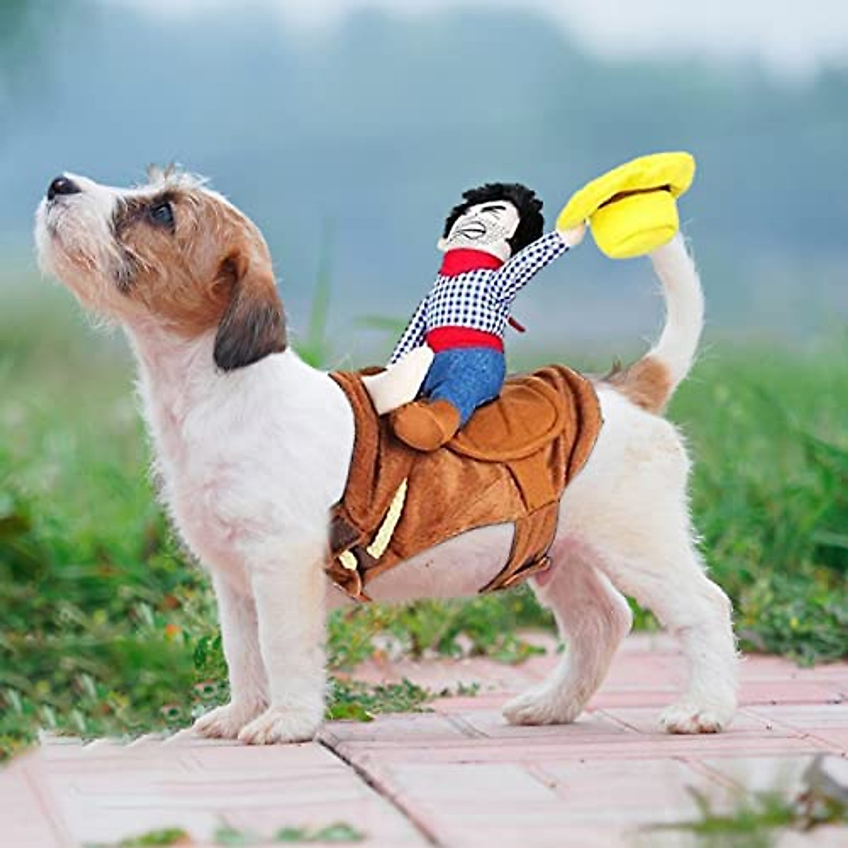 KSIEE Dog Cowboy Costume, Polyester Fiber Dog Cowboy Rider Outfit with Loop Fasteners, Dogs Clothes Knight Style with Doll and Hat for Halloween Christmas New Year Pet Costume (Small)