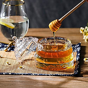 1500 C Tabletop Bee-hive Glass Honey Jars with Dipper and Lid 10 oz. Crystal Clear Heavy Glass Honey Pot Honey Containers Holder for Jam Jelly Syrup Home& Kitchen