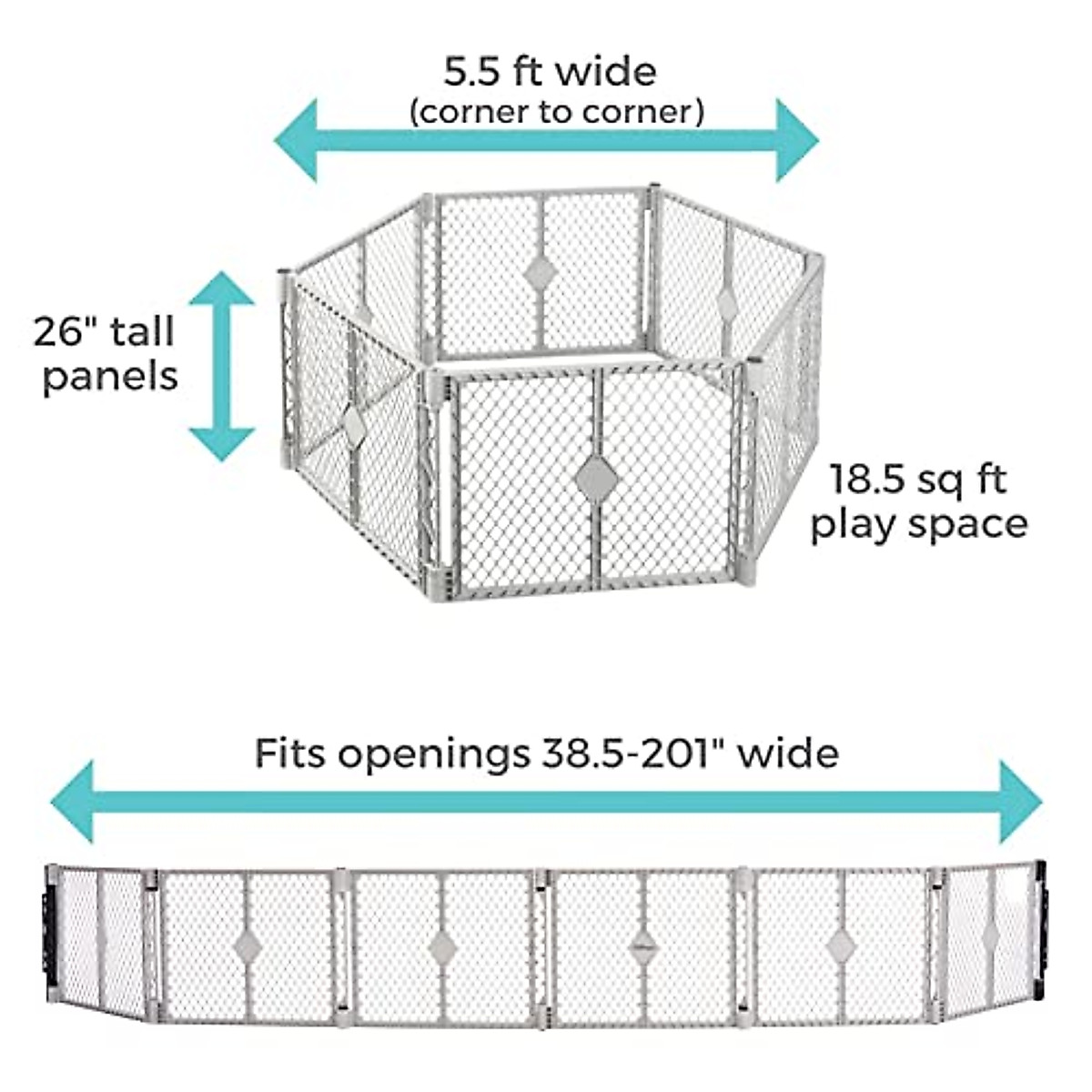 Toddleroo by North States Superyard 6 Panel Baby Play Yard/Barrier & Wall Mount Kit, Made in USA: Extra wide barrier or play area. 38.5" - 201" wide, 5.5 ft corner to corner play yard (26" tall, Gray)