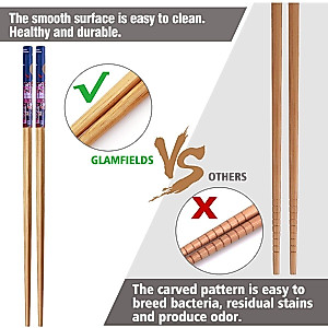 GLAMFIELDS 10Pairs Handmade Natural Bamboo Chopsticks Healthy Asian Japanese Korean Noodles Sushi Chopsticks set Reusable Gift Tableware-Cute Cat Drawing