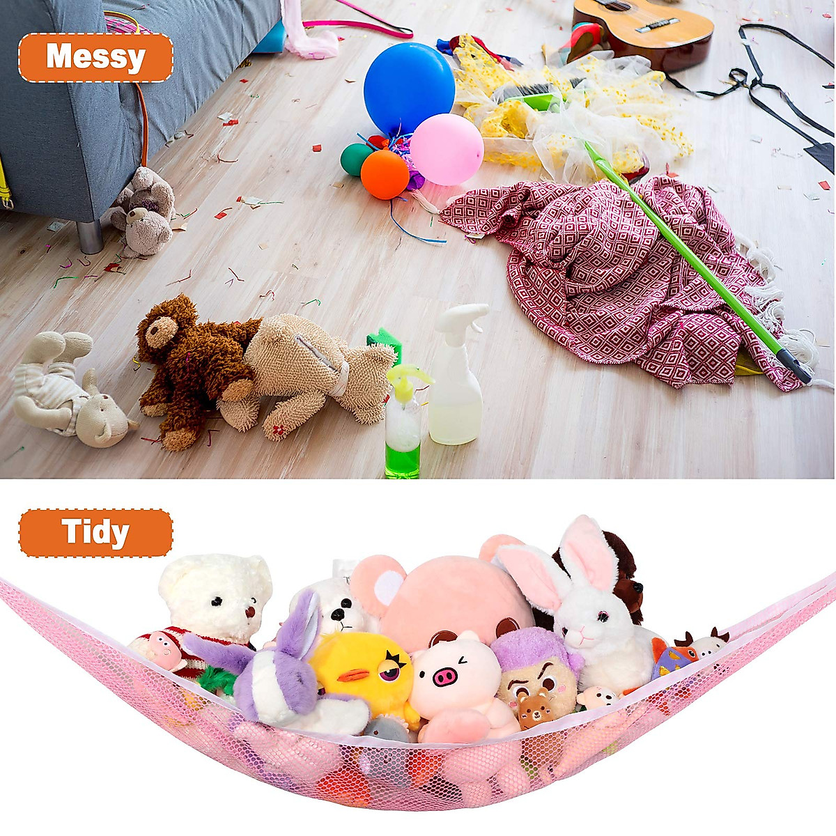 4 Pieces Stuffed Animal Hammocks Stuffed Toy Storage Hammock Nets Jumbo Wall Sling Corner Mesh Toy Organizer, Doll Hanging Net with Hooks for Bedroom Playroom Plush (Black, Blue, White, Pink)