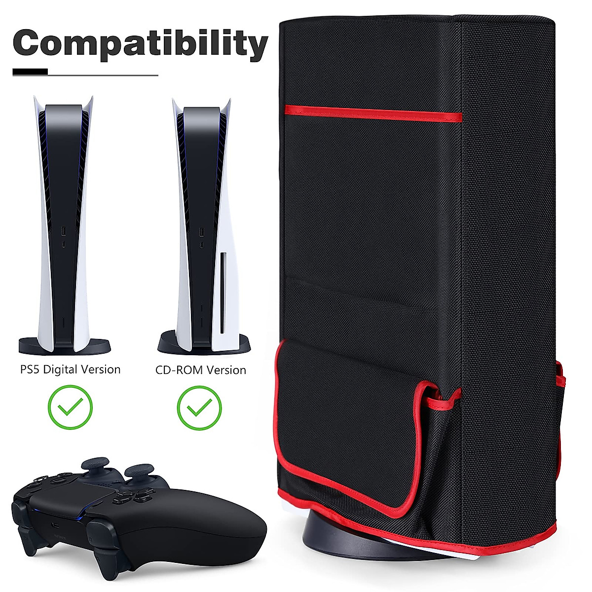 TiMOVO Dust Cover for PS5 Console, Soft Lining Dust Guard for Playstation 5 Console Digital Edition & Regular Edition, Waterproof Protective Sleeve with Game Disc & Controller Storage Pocket, Black