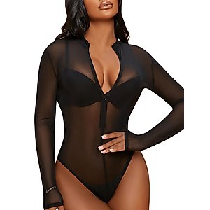 Floerns Women's Sheer Mesh Zipper Up Long Sleeve Leotard Bodysuit Top Black L