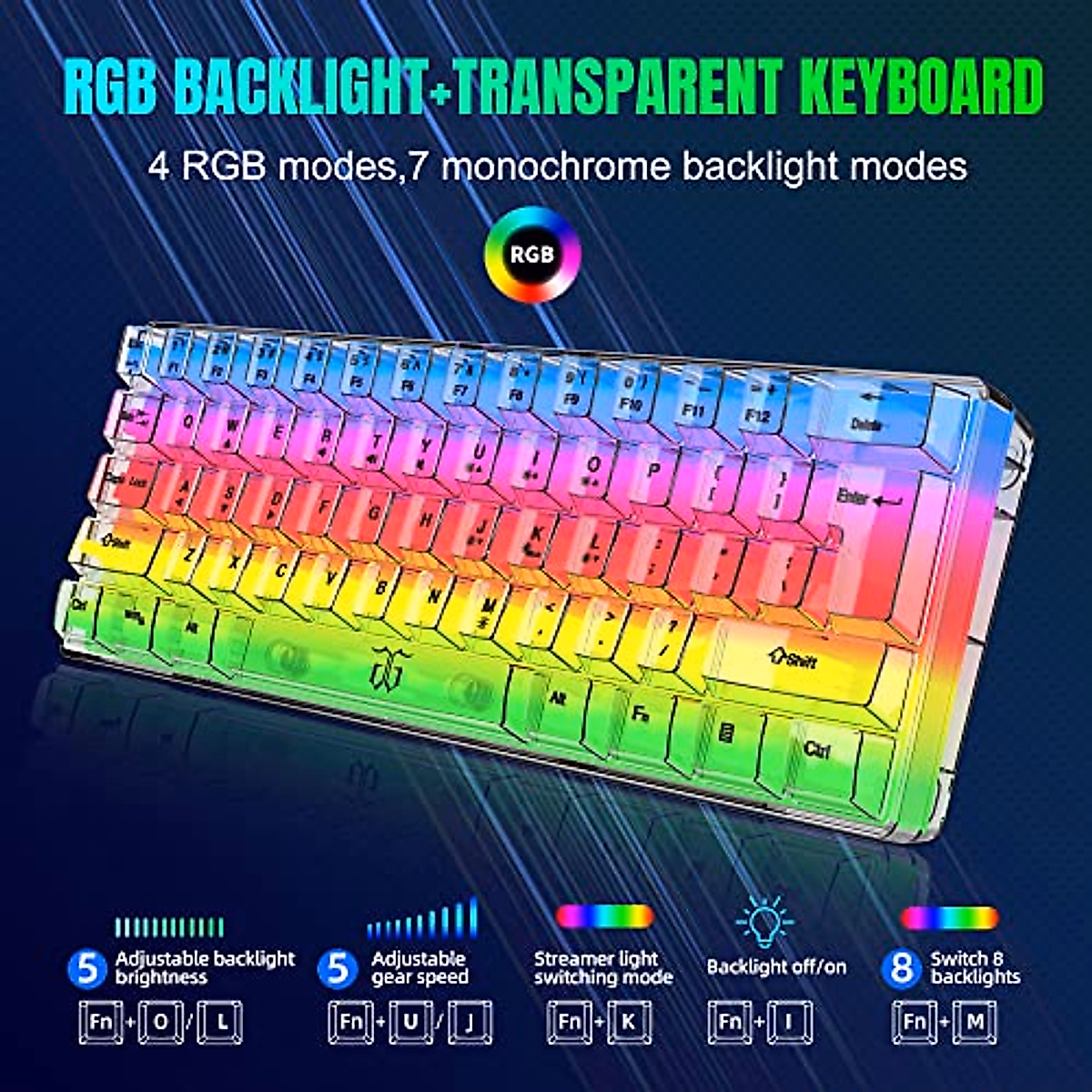 Snpurdiri 60% Wired Gaming Keyboard, RGB Backlit Ultra-Compact Mini Keyboard, Waterproof Small Compact Transparent Keycaps for PC/Mac Gamer(White Transparent)