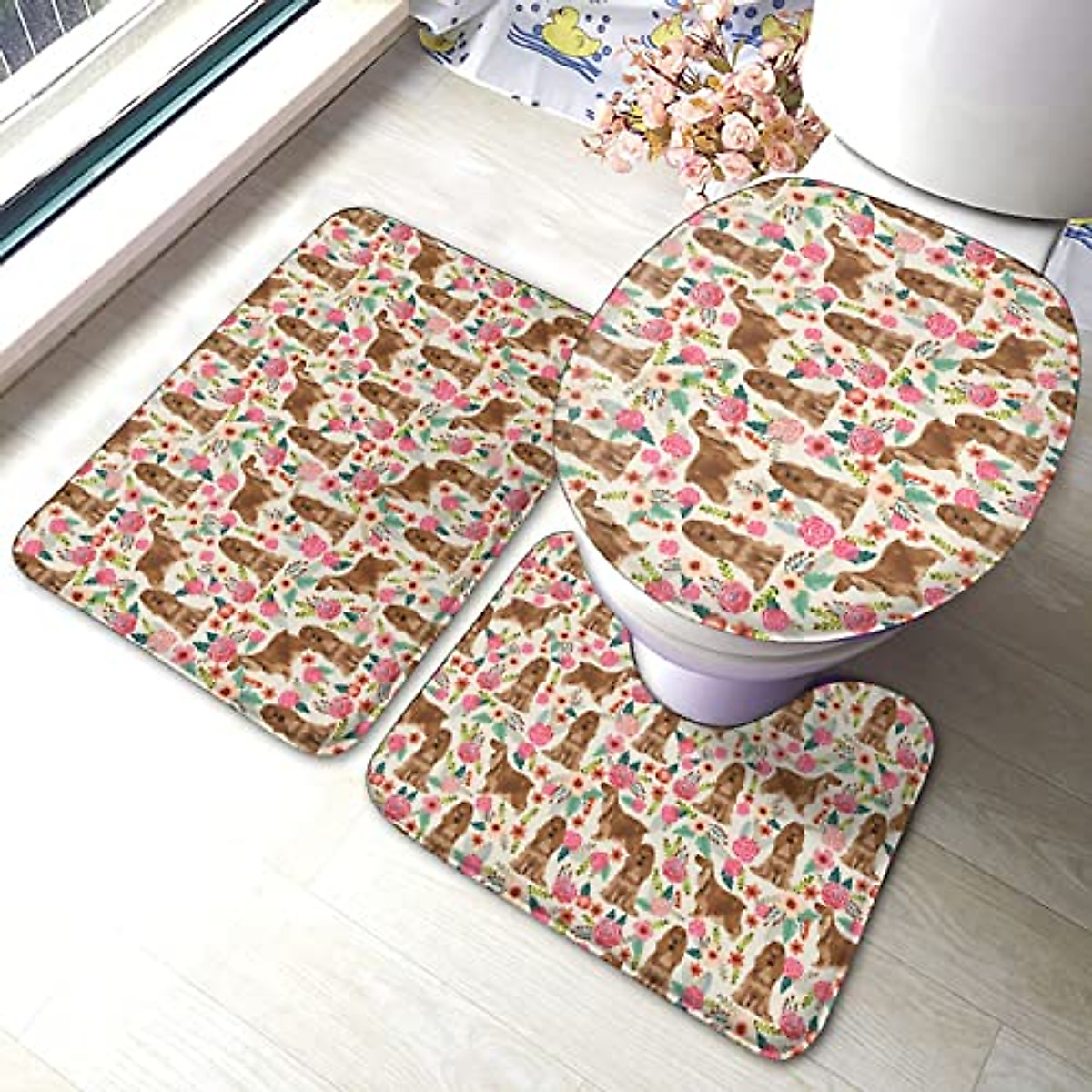 Cute Cocker Spaniel Dog Flower Floral 3D Print Bath Mat for Bathroom Rugs Sets 3 Piece，U-Shaped Contour Shower Mat Non Slip Absorbent ,Flannel Fabric Toilet Lid Cover Washable ,Doormat Antiskid Pad