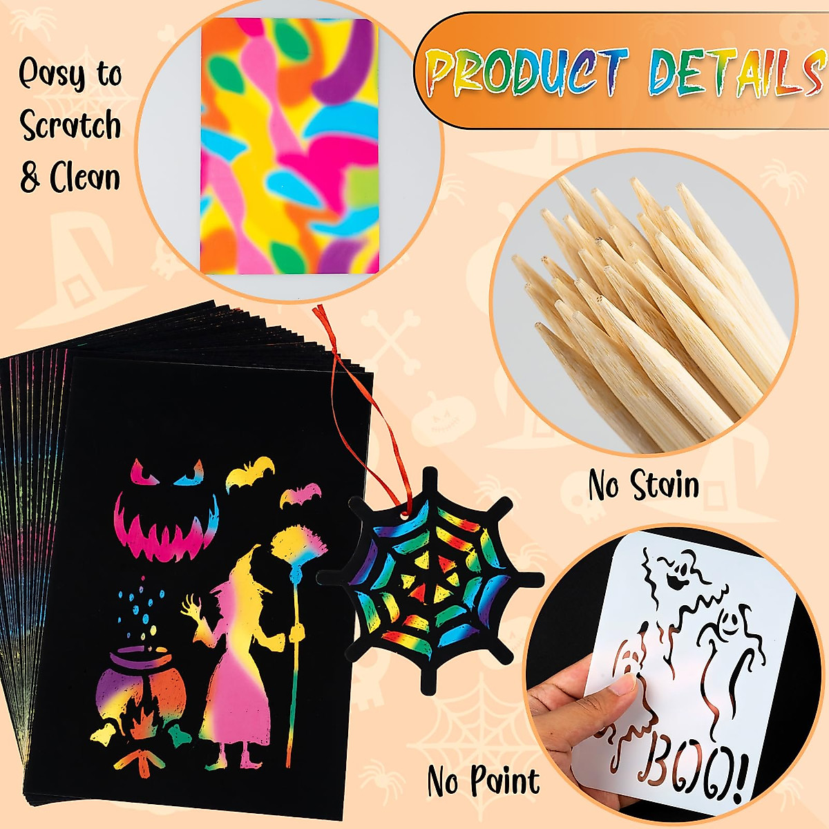 OuMuaMua 77pcs Halloween Scratch Art for Kids - Rainbow Scratch Paper Arts and Crafts Kit, Pumpkin Ghost Zombie Witch Scratch Art Hanging Ornaments for Halloween Birthday Kids Activities Gifts