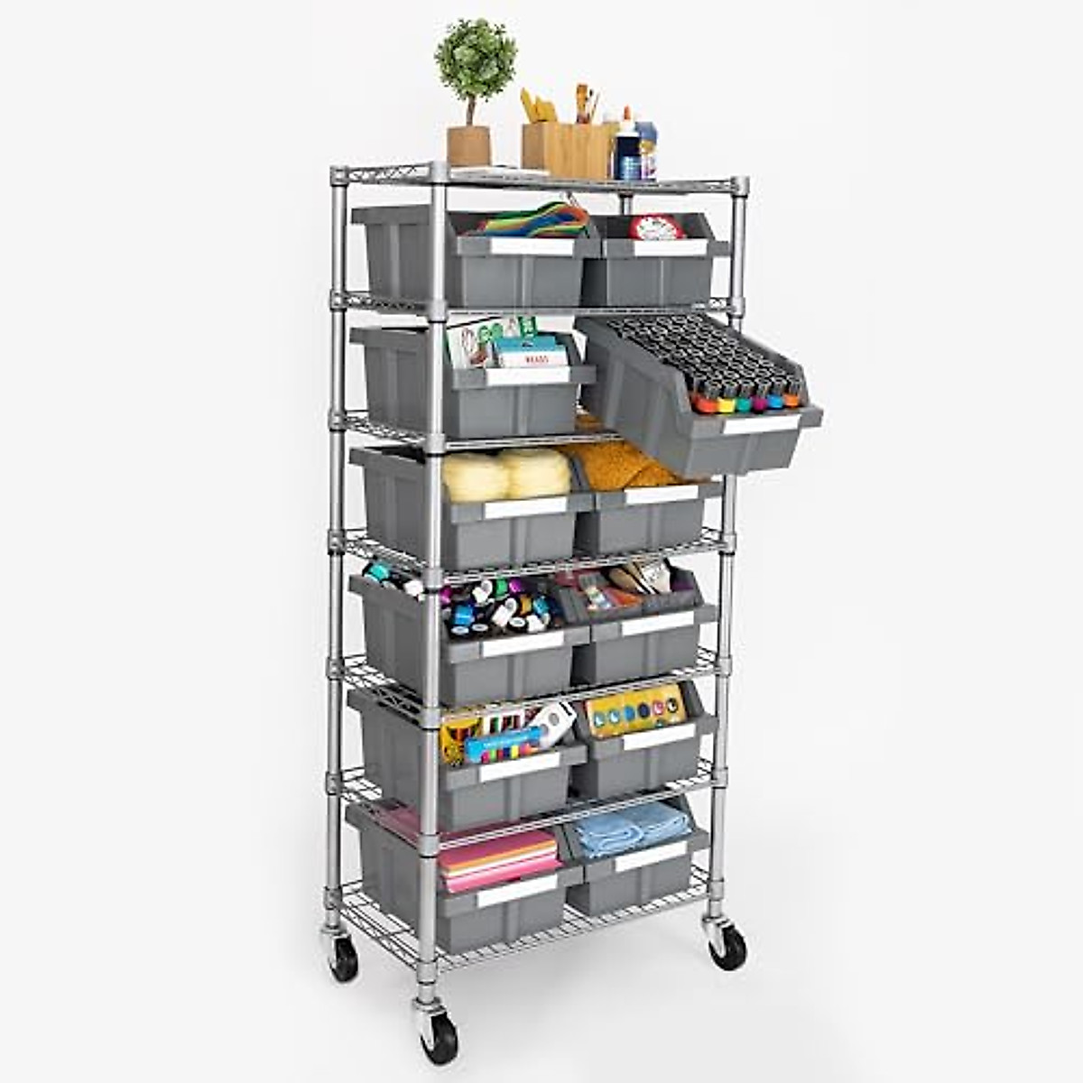 Seville Classics Heavy Duty NSF Bin Rack Solid Steel Wire Shelving Storage Unit, Patented Organizer for Garage, Warehouse, Office, Restaurant, Classroom, Kitchen, Gray, Includes 12 Bins