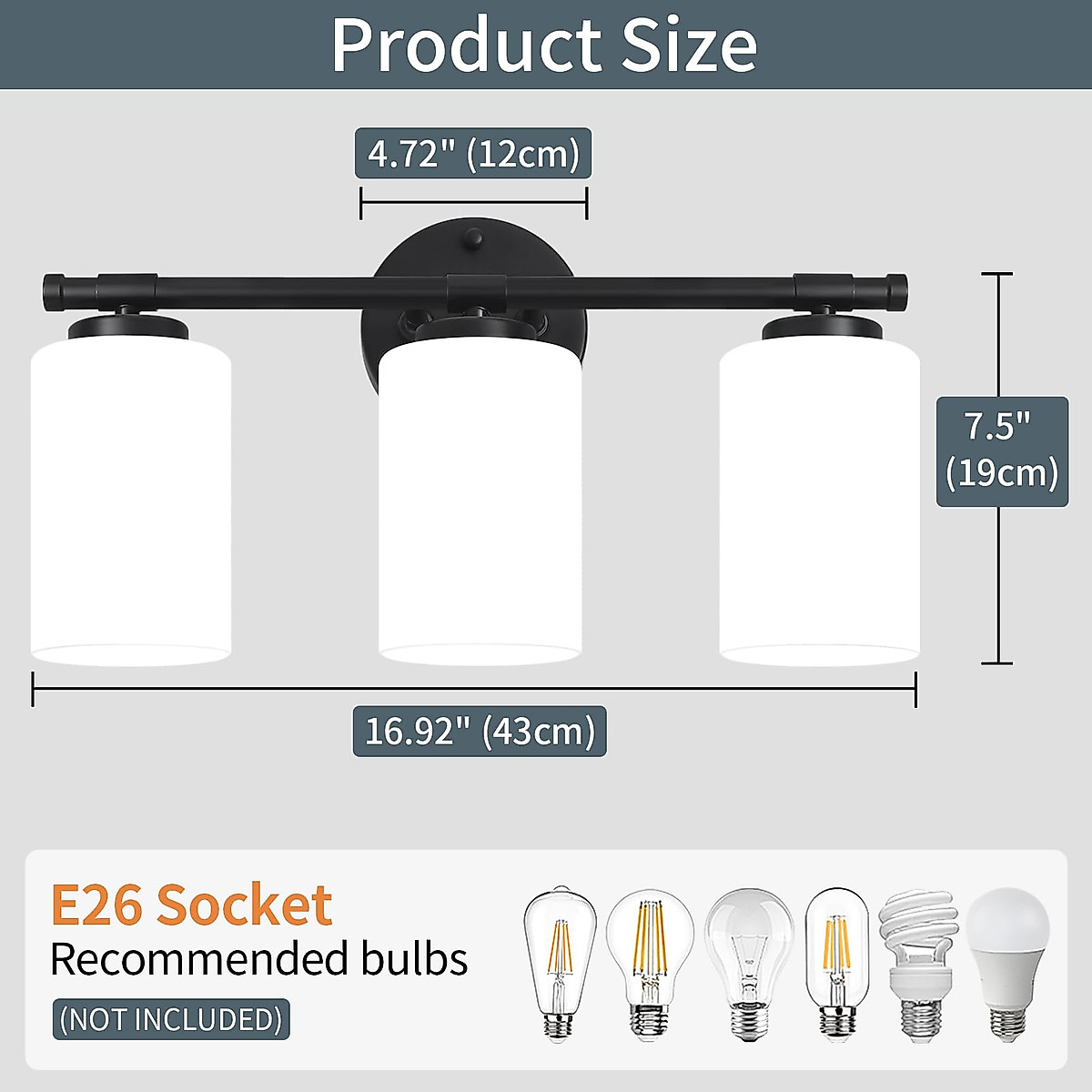 GZBEINI Black Bathroom Vanity Fixture,Farmhouse Bathroom Light FixturesOver Mirror,3 Light Modern Bathroom Lighting,Bathroom Vanity Light Fixtures Above Mirror with Milk White Glass Shade