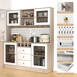 VOWNER Kitchen Hutch Cabinet, Pantry Cabinet, Freestanding Buffet Hutch with Pegboard, Cup Holder, Power Outlet, 4 Doors & 3 Drawers, Cupboard with Microwave Shelf & Wine Racks (Wood Color and White)