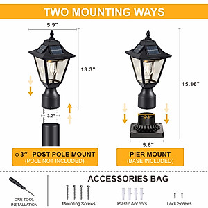 DARIISI Solar Post Light Fixtures 2 Pack, Motion Sensor Solar Lamp Post Lights with Pier Mount Base, Outdoor Waterproof Post Lantern, Black Outdoor Solar Lights for Yard Garden Pathway