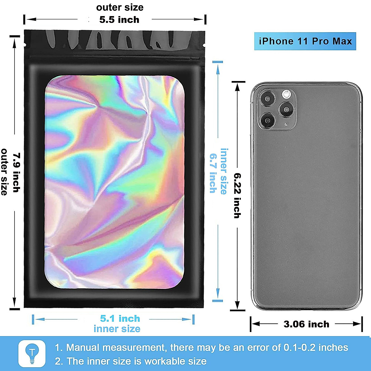 100 Pieces Smell Proof Bags Holographic Piecesaging Bags Storage Bag with Clear Window for Food Storage (Black Color, 5.5x7.9 Inch)