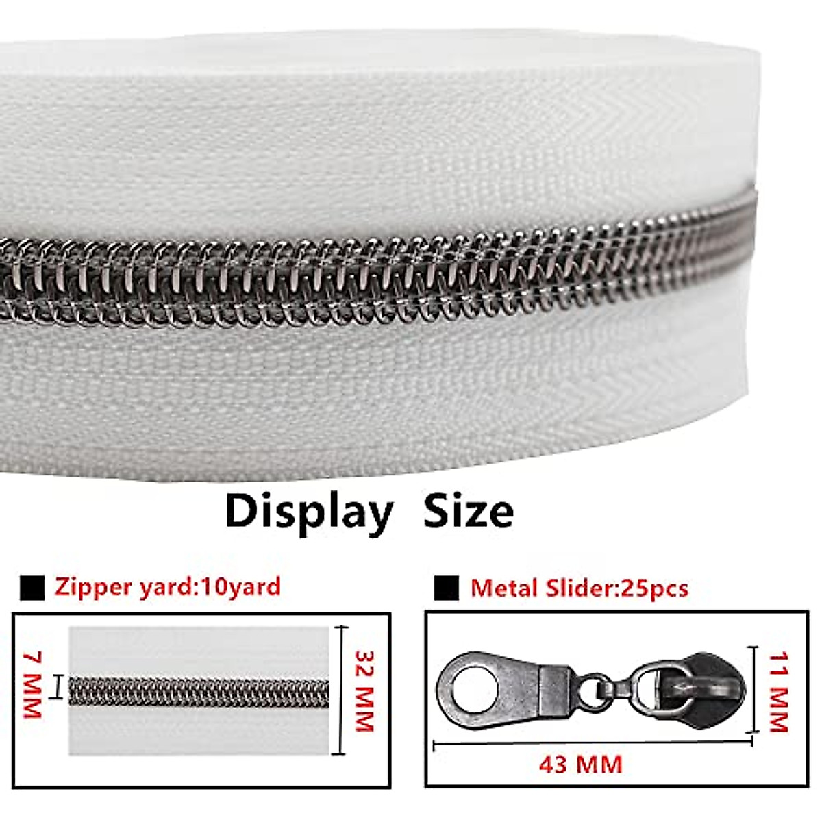 MebuZip #5 Gunmetal Metallic Nylon Coil Zippers by The Yard Bulk Coil Zipper Roll 10 Yards with 25pcs Pulls for DIY Sewing Craft Bags (White)