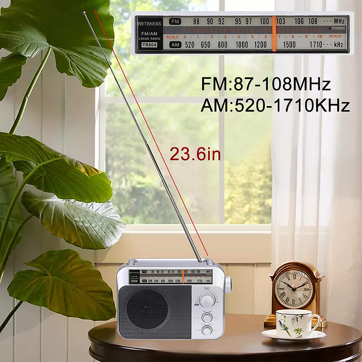 Retekess TR604 AM FM Radio Portable Transistor Analog Radio with 3.5mm Earphone Jack Battery Operated Boombox by 3 D Cell Batteries or AC Power (Silver, AM FM)