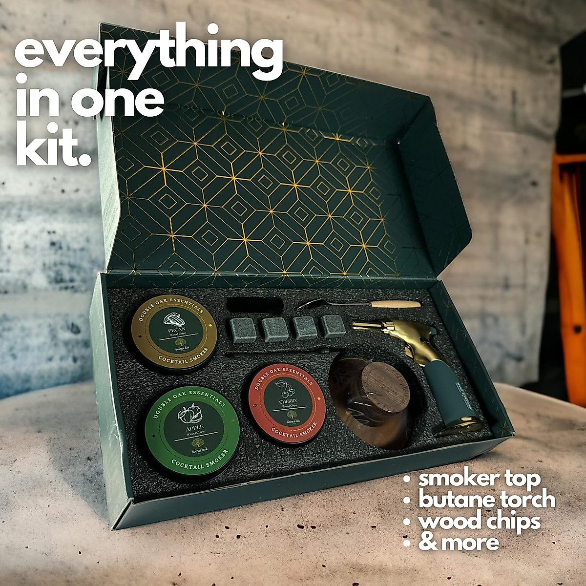 Cocktail Smoker Kit with Torch by Double Oak Essentials - 3 Flavors of Wood Chips and Butane Torch Included (Butane Sold Separately) - Whiskey Gifts for Men - Whiskey Smoker