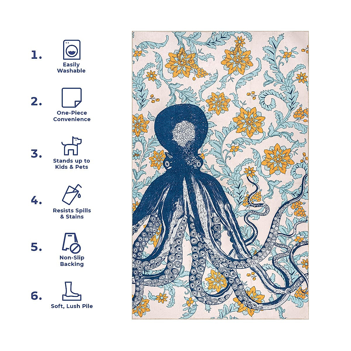 nuLOOM Patricia Machine Washable Octopus Ultra Thin Area Rug, 5x8, Blue