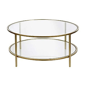 Henn&Hart 36" Wide Round Coffee Table with Glass Top in Brass, Round Coffee Table for living room, studio apartment essentials