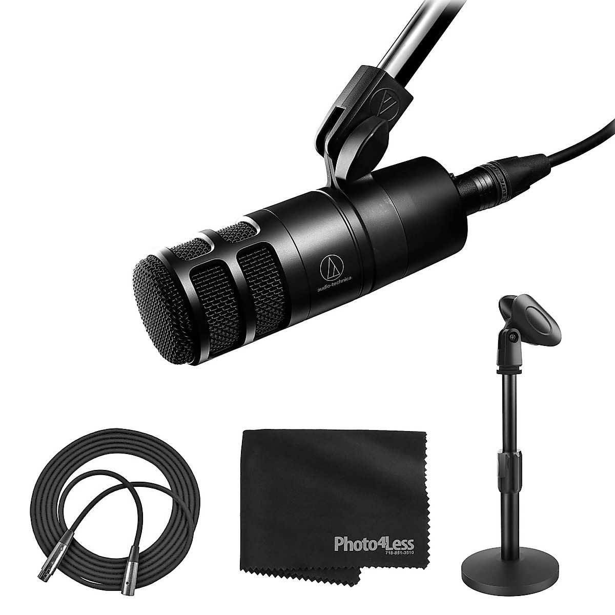 Audio-Technica AT2040 Mic 20 Series Front Address Dynamic Mic + Adjustable Desk Microphone Stand + Mic Cable XLR-M to XLR-F + Photo4Less Black Cleaning Cloth