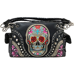 Justin West Fashion Mulitcolor Embroidered Floral Sugar Skull Women Purse Shoulder Handbag Flat Wallet (Beige Wallet)