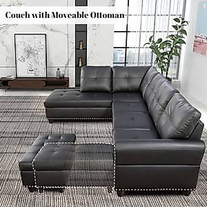 Rovibek Leather L Shaped Sectional Couch with Ottoman and Pillows, 2 Cup Holders Design Living Room Furniture Sets for Apartment, Office