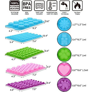 Alimat PluS Silicone Gummy Molds Candy Molds with 2 Droppers - BPA Free Nonstick Chocolate Molds Including Mini Dinosaur, Cat Claw, Hearts, Flowers, Bear Shape Gummie Molds - Pack of 5 for 210 Gummies