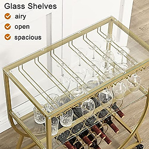 O&K FURNITURE Glass Bar Cart with Wine Rack, Bar Serving Cart on Wheels, Kitchen Storage Cart for The Home, Gold