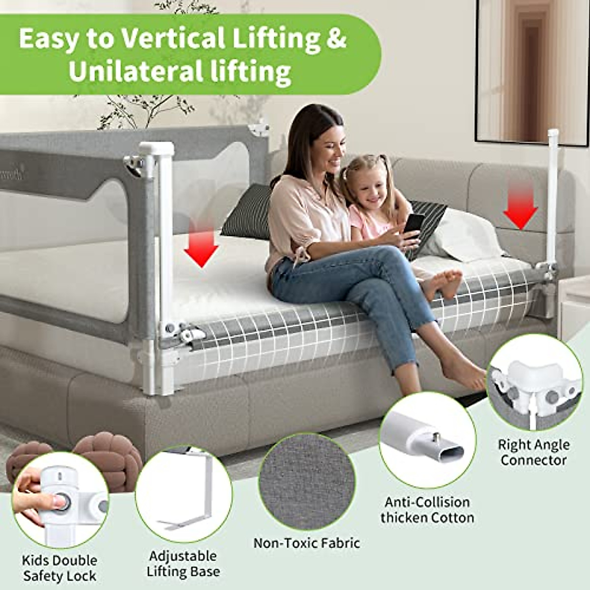 Sephyroth Bed Rails for Toddlers, Upgrade Height Adjustable Baby Bed Rail Guard Specially Designed for Twin, Full, Queen, King Size - Safety Bed Guard Rails for Kids 1 Side:59"(L) ×27"(H)