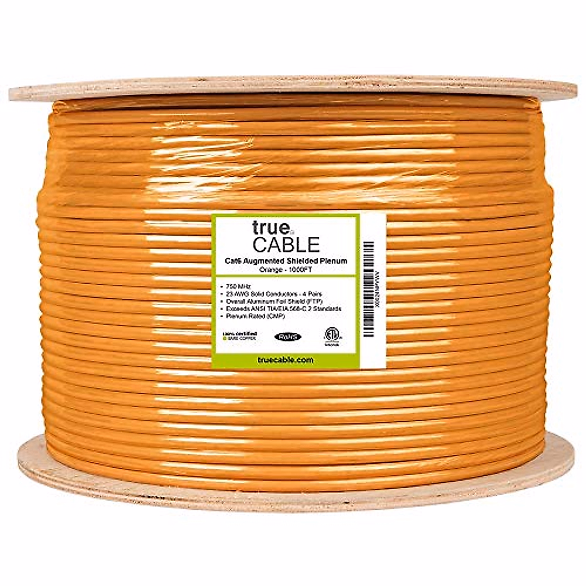 trueCABLE Cat6A Shielded Plenum (CMP), 1000ft, Orange, 23AWG Solid Bare Copper, 750MHz, PoE++ (4PPoE), ETL Listed, Overall Aluminum Foil Shield (F/UTP), Bulk Ethernet Cable