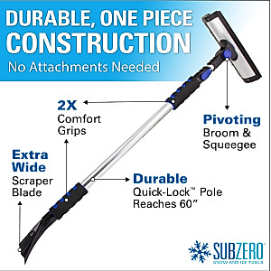SubZero 80037 60" Quick Lock Pivoting Head Snowbroom with Integrated Squeegee and Ice Scraper , Black