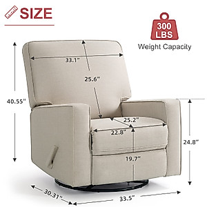 EASELAND Swivel Rocker Recliner Chairs,Large Nursery Glider Chair with Manual Puller,360°Rotation Reclining Glider Chair with Linien Fabric,Modern Lounge Nursery Chair for Living Room(Beige)