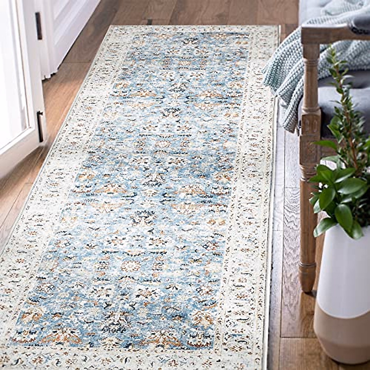 COLLACT Runner Rug 2x5 Area Rug Persian Rug Door Mat Vintage Distressed Rug Entrance Mat Foldable Thin Rug Blue Floral Print Carpet Non Slip Boho Farmhouse Kitchen Living Room Bedroom Dining Room