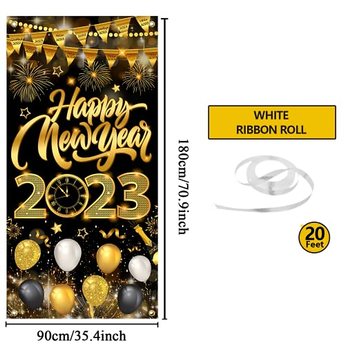 6x2.9Ft Happy New Year Door Cover, Happy New Year Door Decorations 2023, Happy New Year Door Banner for Happy New Year Decorations 2023, Black Gold Happy New Year Banner 2023 tineit