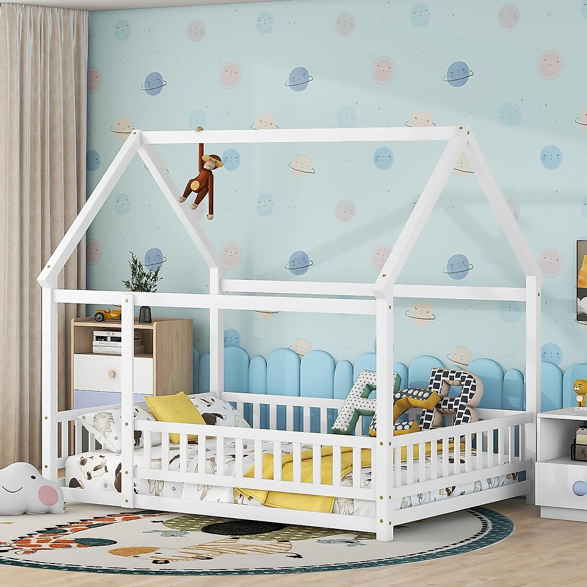 Harper & Bright Designs Full Size Floor Bed for Kids, Wood House Bed with Guardrails, Montessori Design, House-Shaped Roof, for Kids, Boys, Girls, No Spring Box Needed, White