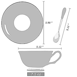 3 Piece Bone China Cup and Saucer Set with Spoon Vintage Porcelain Coffee Cup Set, Floral Tea Cup Set with Gold Trim and Gift Box, 7.1oz.