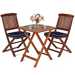 WYKDD 3PCS Patio Folding Wooden Bistro Set Cushioned Chair Conversation Table Chair Seat Cushion