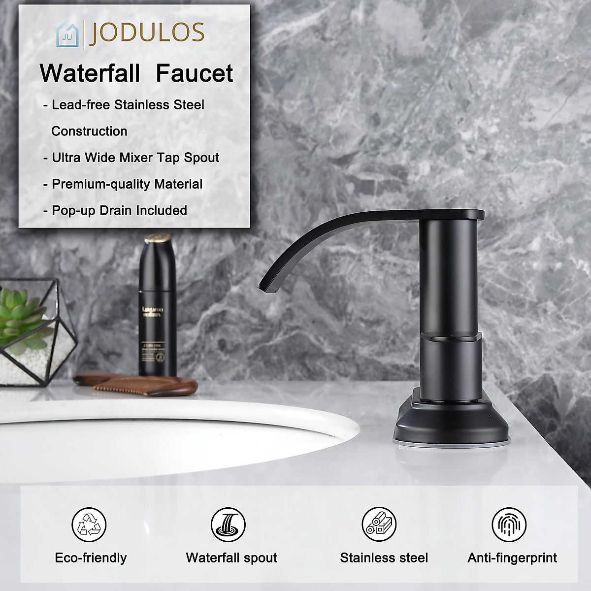 4 inch Centerset Bathroom Faucets Black Matte, Jodulos 2 Handle Waterfall Bathroom Sink Faucet with Pop Up Drain Stopper, Stainless Steel Bathroom Sink Faucet with cUPC Supply Lines JU-DE-201-BK