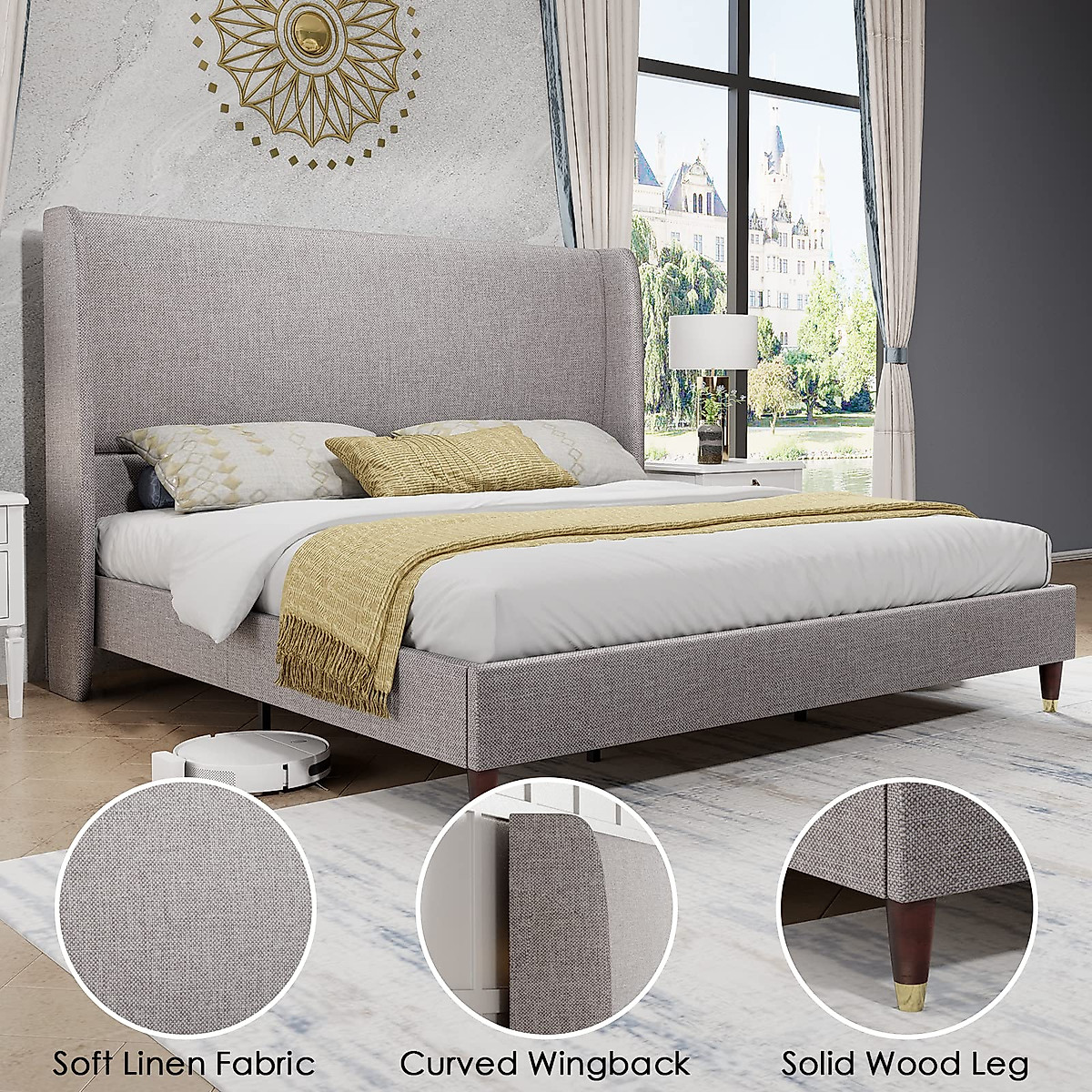 PaPaJet Queen Platform Bed Frame 51.2" High Headboard Linen Tall Upholstered Bed/No Box Spring Required/Wood Slat Support/Easy Assembly Light Grey