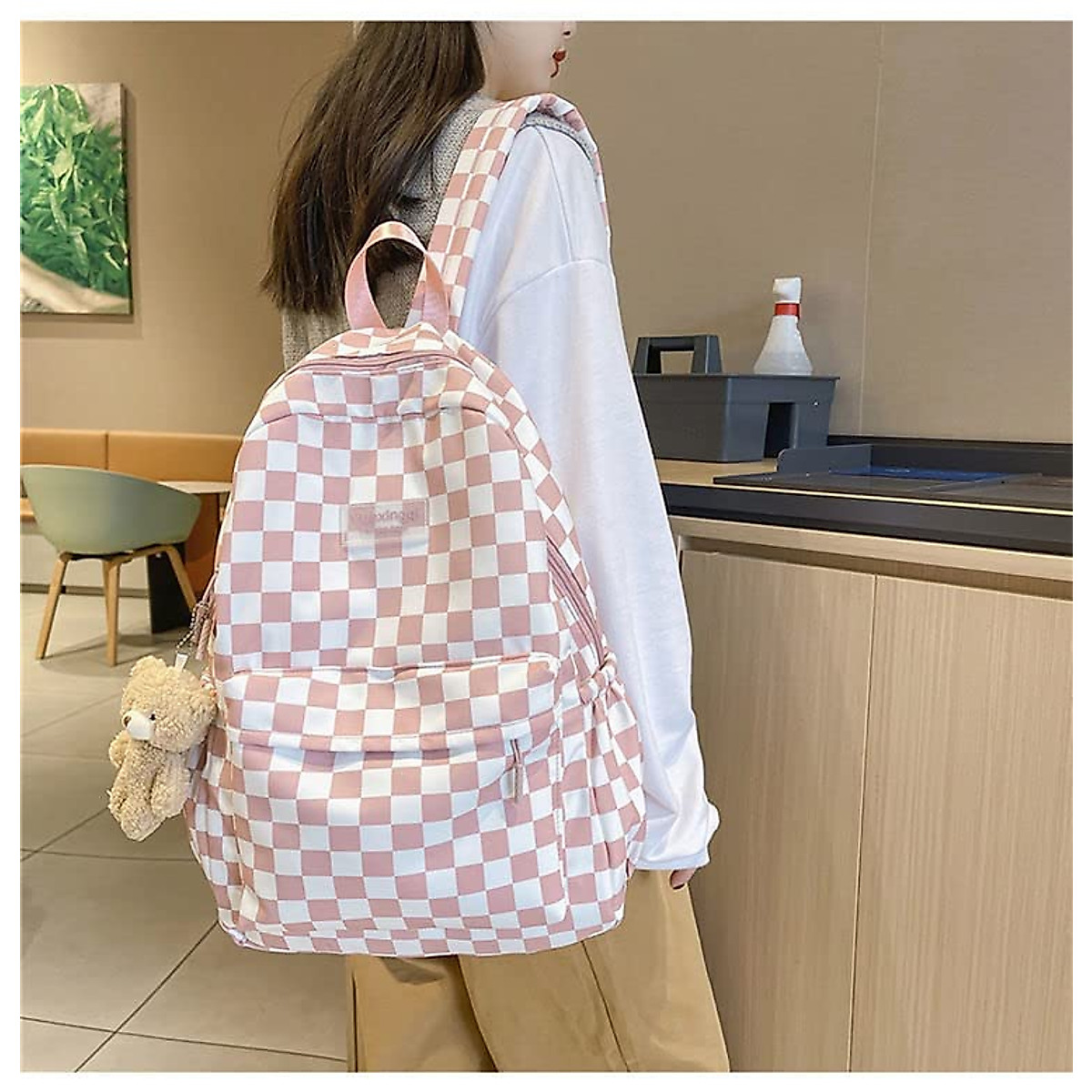 Checkerboard Light Academia Aesthetic Backpack for Teen Girls Cute Plaid Preppy Backpack with Plushies School Bag (D)