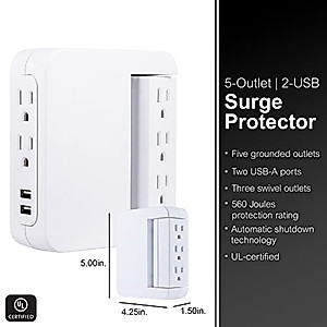 GE Pro Side-Access Swivel Surge Protector, 5-Outlet Extender with 2 USB Ports, Wall Tap Adapter, Charging Station, 3-Prong, 560 Joules, 2.4 AMP/12 Watt, UL Listed, White, 39429