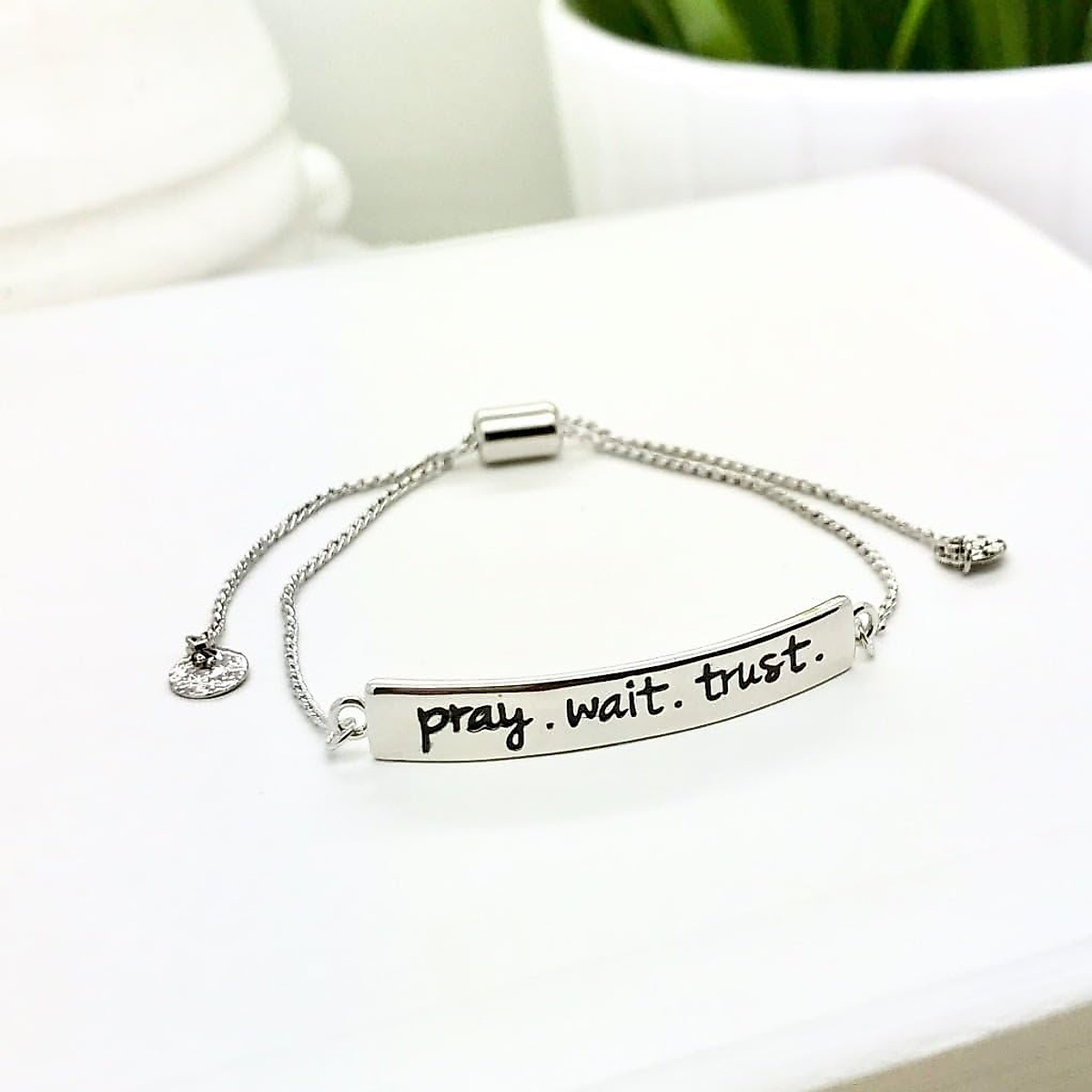 Doodle Beads Pray Wait Trust Adjustable Bracelet for Women, Christian Gift, Prayer Gift, Silver