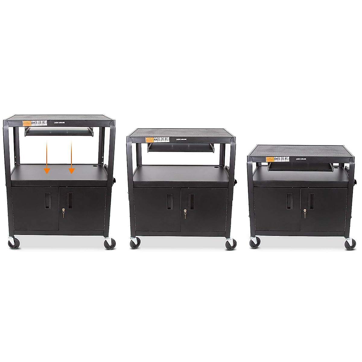 Line Leader Extra Wide AV Cart with Locking Cabinet, Rolling Computer Desk, Height Adjustable Utility Cart with Pullout Keyboard Tray & UL-Listed Power Strip, Great for Projectors (42 x 32 x 20in)